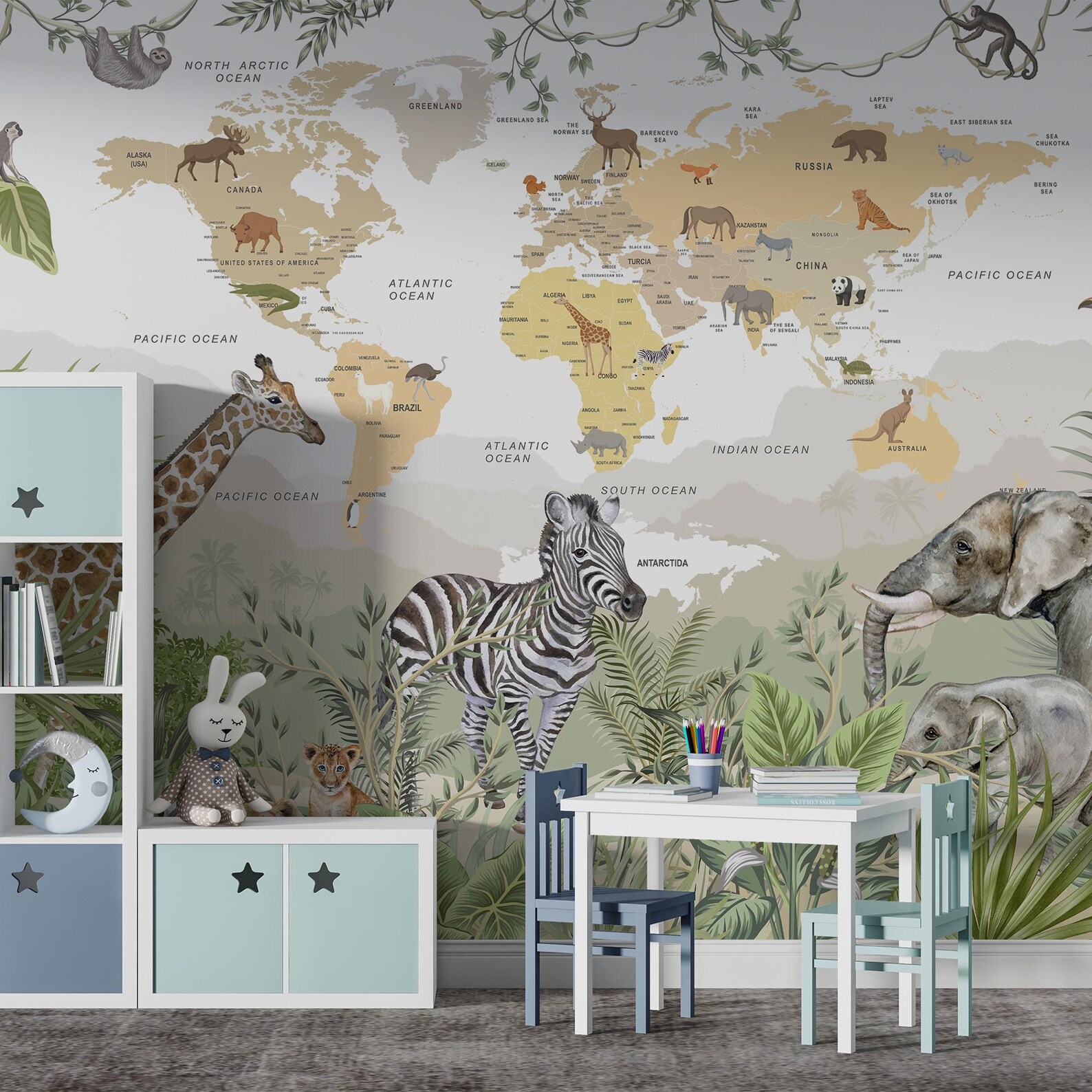 Kids Map Wallpaper Peel and Stick Educational Continent World Map Wall ...