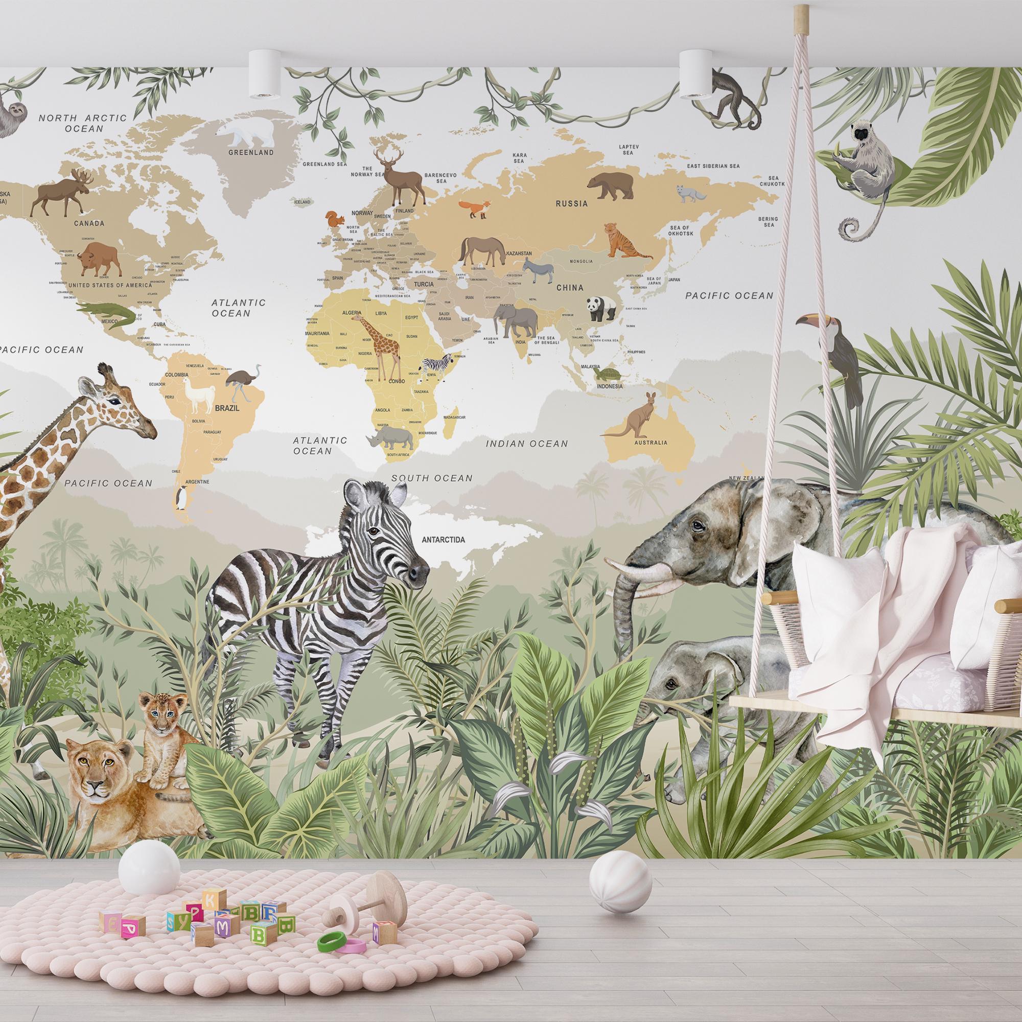 Kids Map Wallpaper Peel and Stick Educational Continent World Map Wall ...