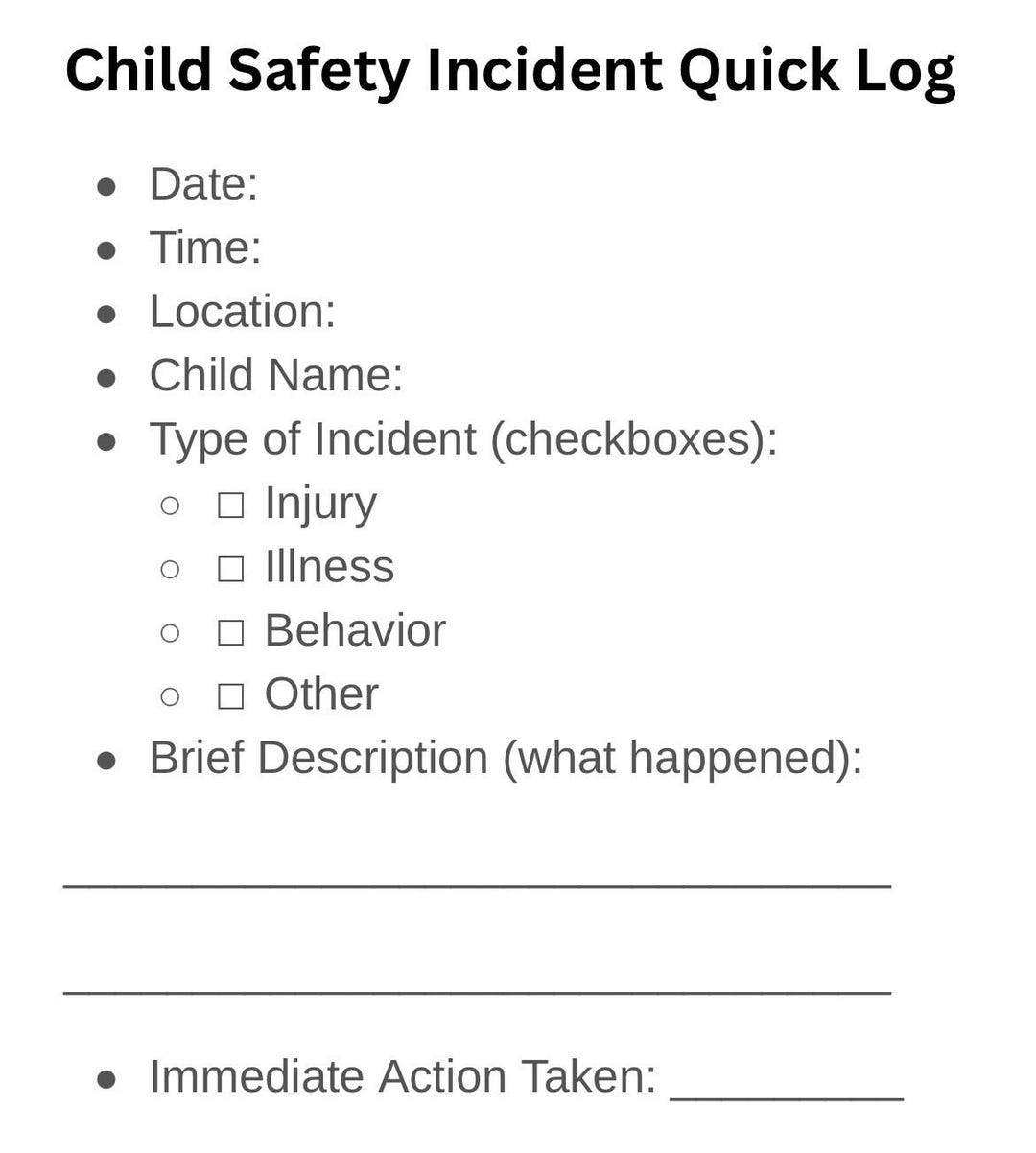 Child Safety Incident Quick Log | Printable Incident Report for Parents ...