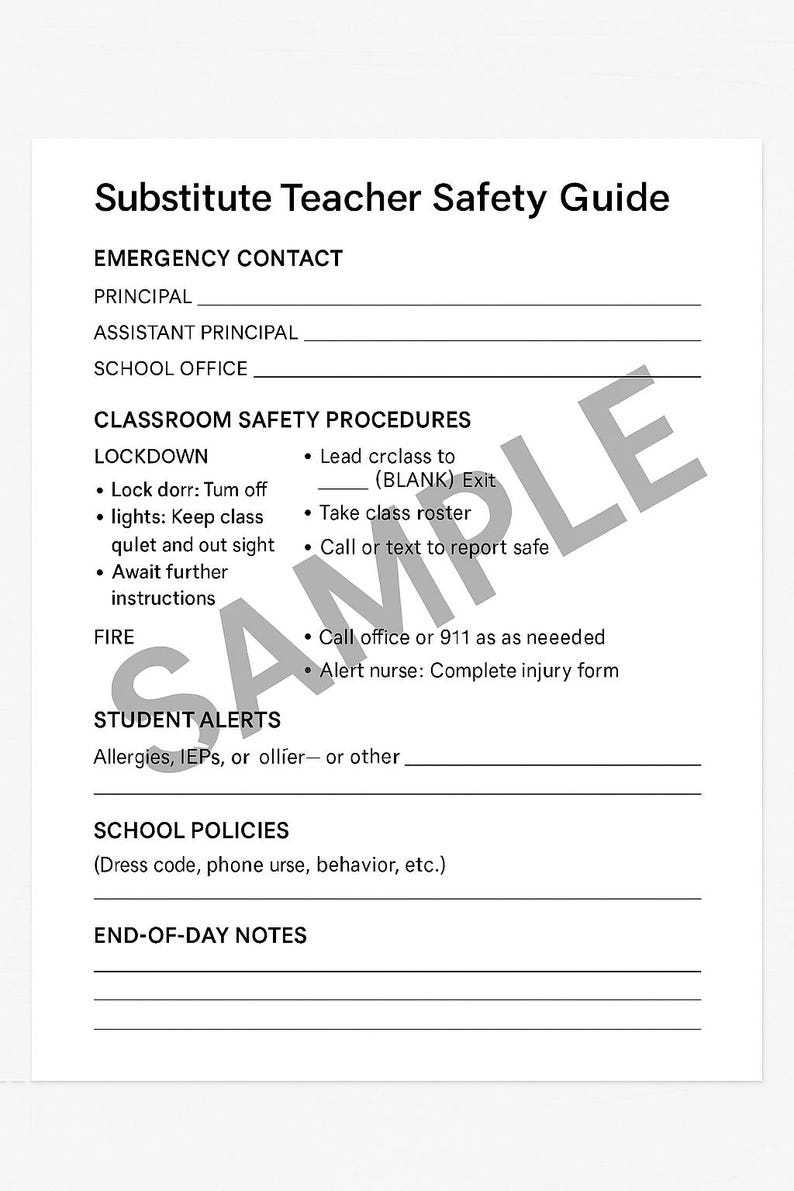 Substitute Teacher Safety Guide | Fillable Classroom Emergency Info ...