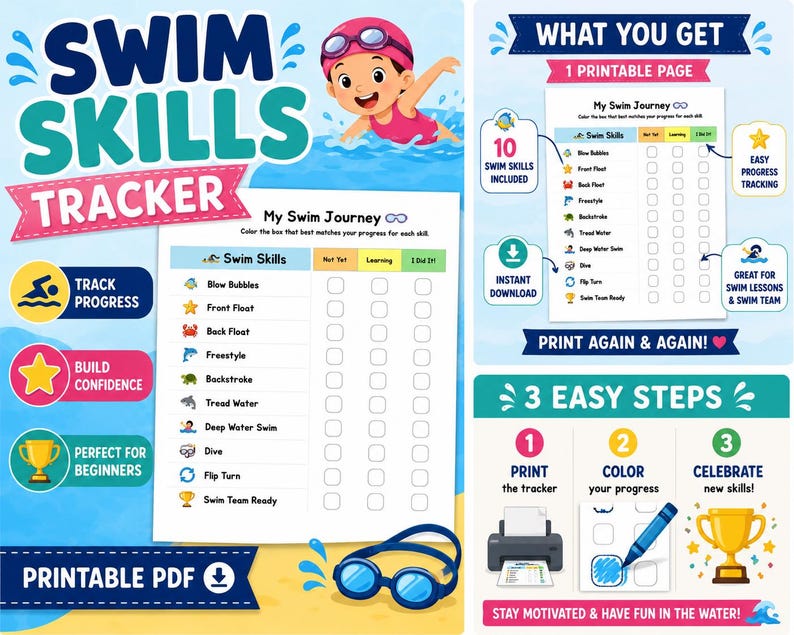 Kids Swim Skills Tracker | Printable Swimming Progress Chart (digital ...