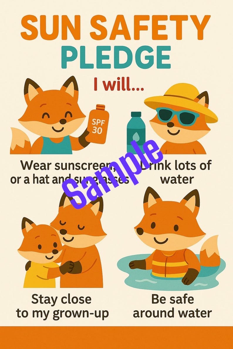 Fox-themed Sun Safety Pledge for Kids – Summer Safety Printable Poster ...