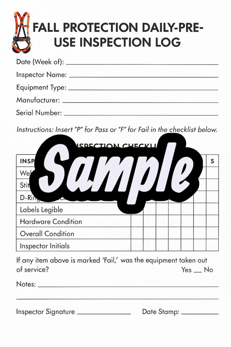 Fall Protection Daily Pre-use Inspection Log – Printable OSHA Safety ...