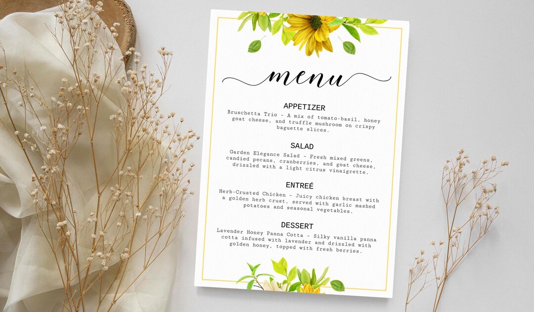 Sunflower Wedding Menu Template: Elegant Script, Printable 5x7 (instant ...