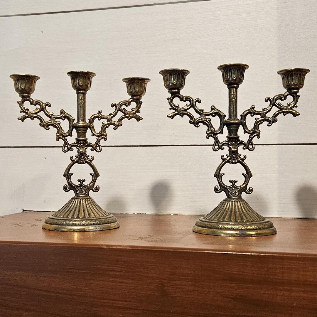 Italian Brass Three Tiered Candelabra *set of 2 *vtg Ornate Gold Finish ...