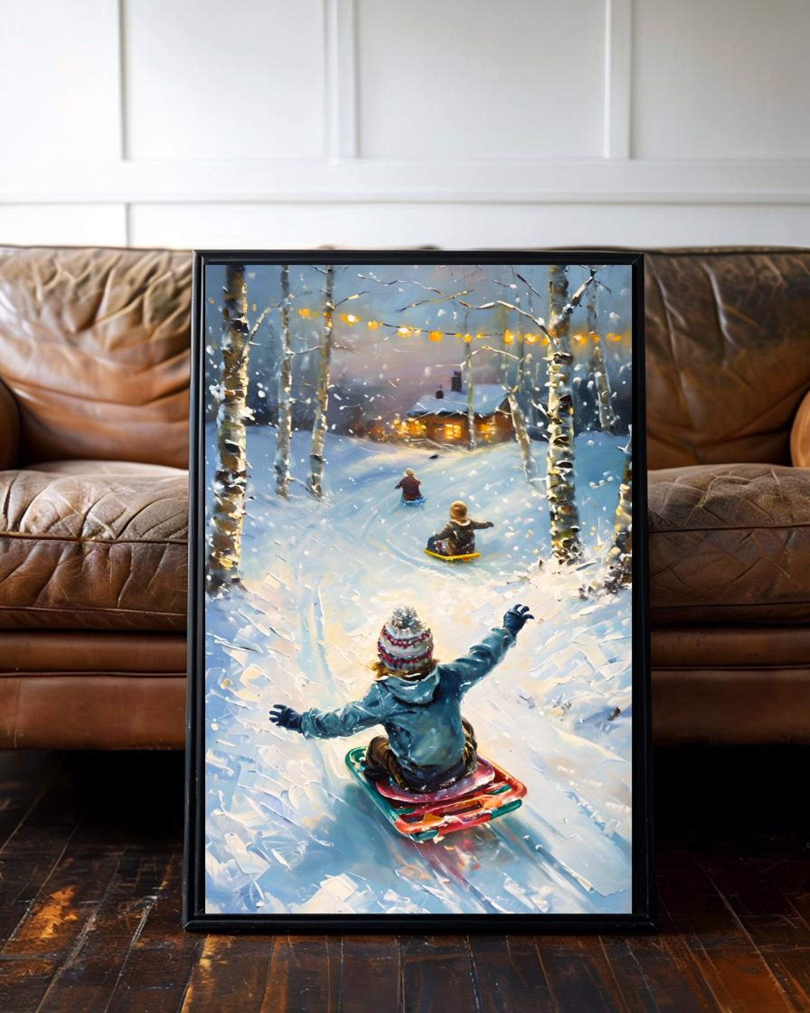 Cozy Winter Sledding Print, Nostalgic Snow Day Art, Children Sledding ...