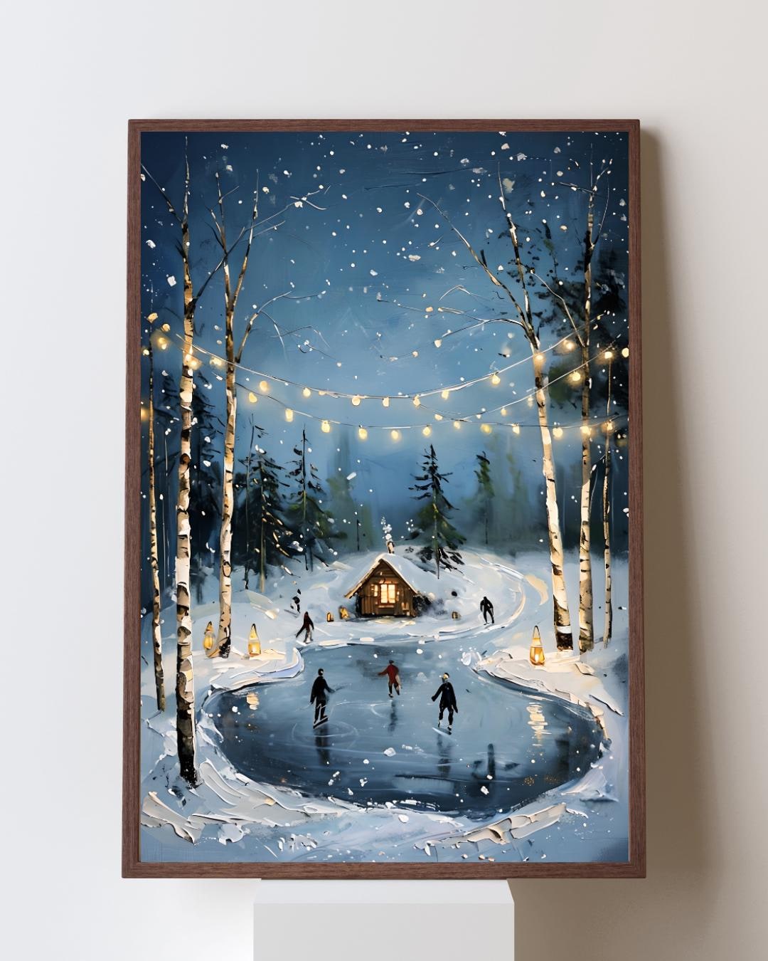 Cozy Winter Art Ice Skating and Twinkle Lights Print, Vintage Christmas ...