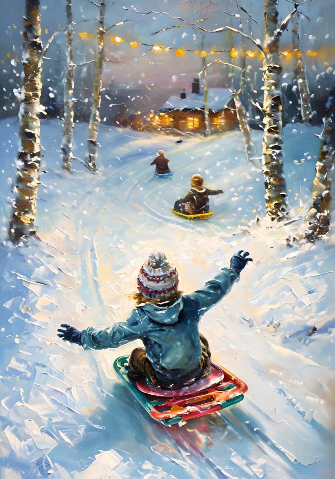 Cozy Winter Sledding Print, Nostalgic Snow Day Art, Children Sledding ...