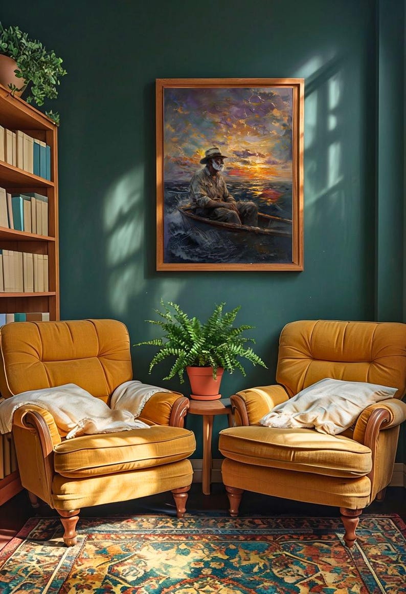 Ernest Hemingway Art, Hemingway Painting, Fisherman Aesthetic, Old Man ...