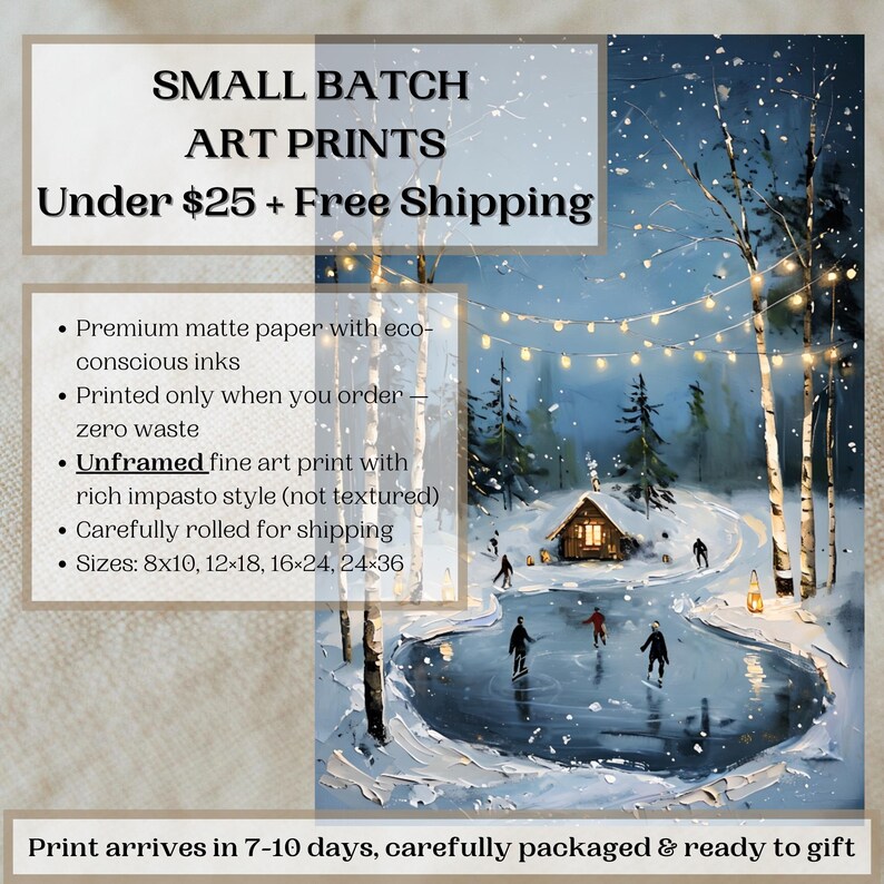 Cozy Winter Art - Ice Skating and Twinkle Lights Print, Vintage ...