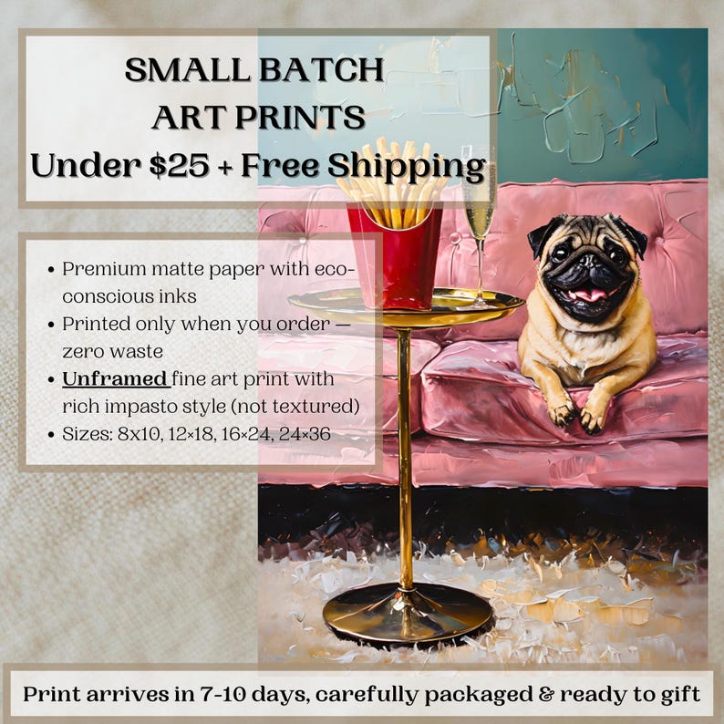 Pug Wall Art With French Fries and Champagne – Funny Dog Lover Gift ...