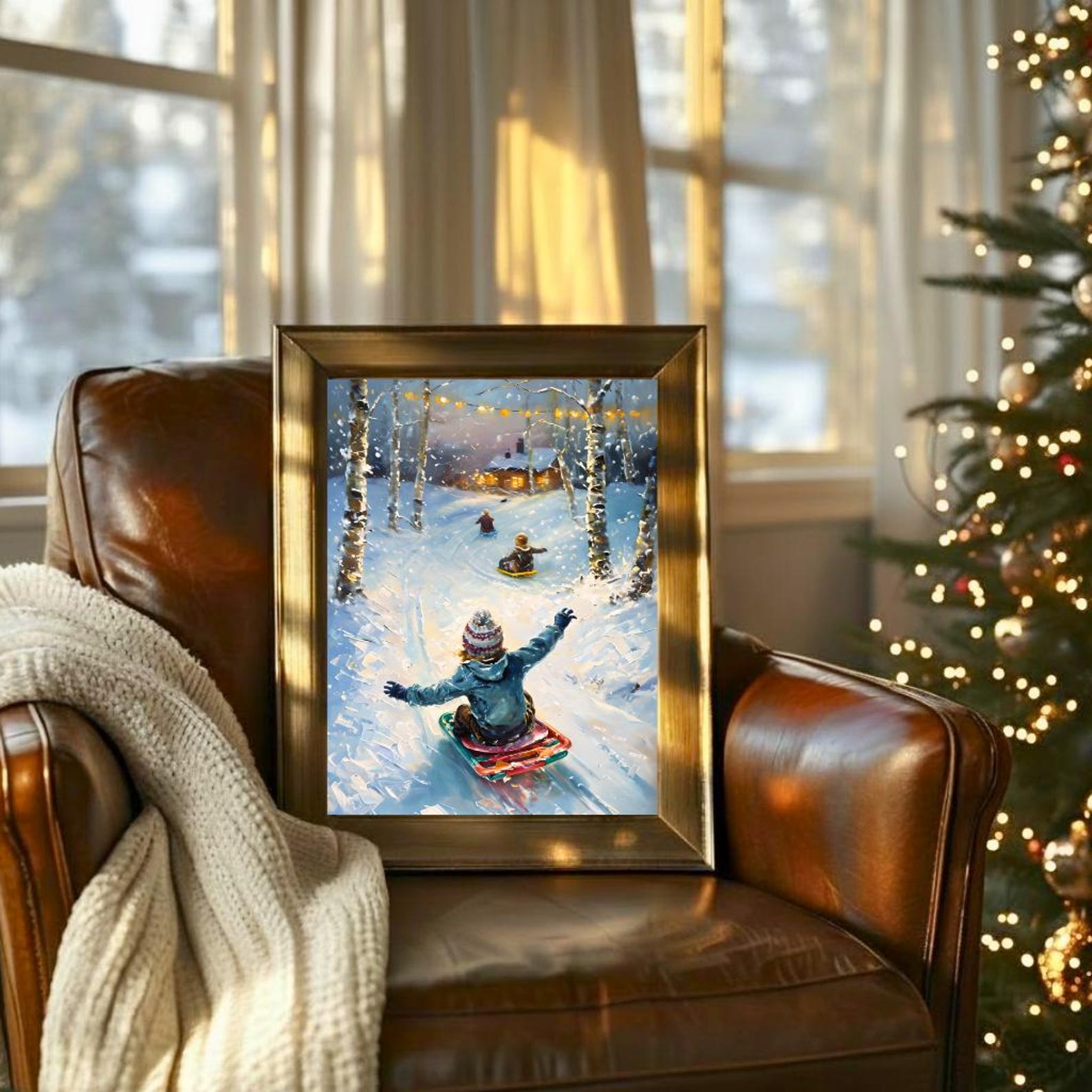 Cozy Winter Sledding Print, Nostalgic Snow Day Art, Children Sledding ...
