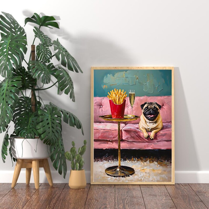 Pug Wall Art With French Fries and Champagne, Funny Dog Lover Gift ...