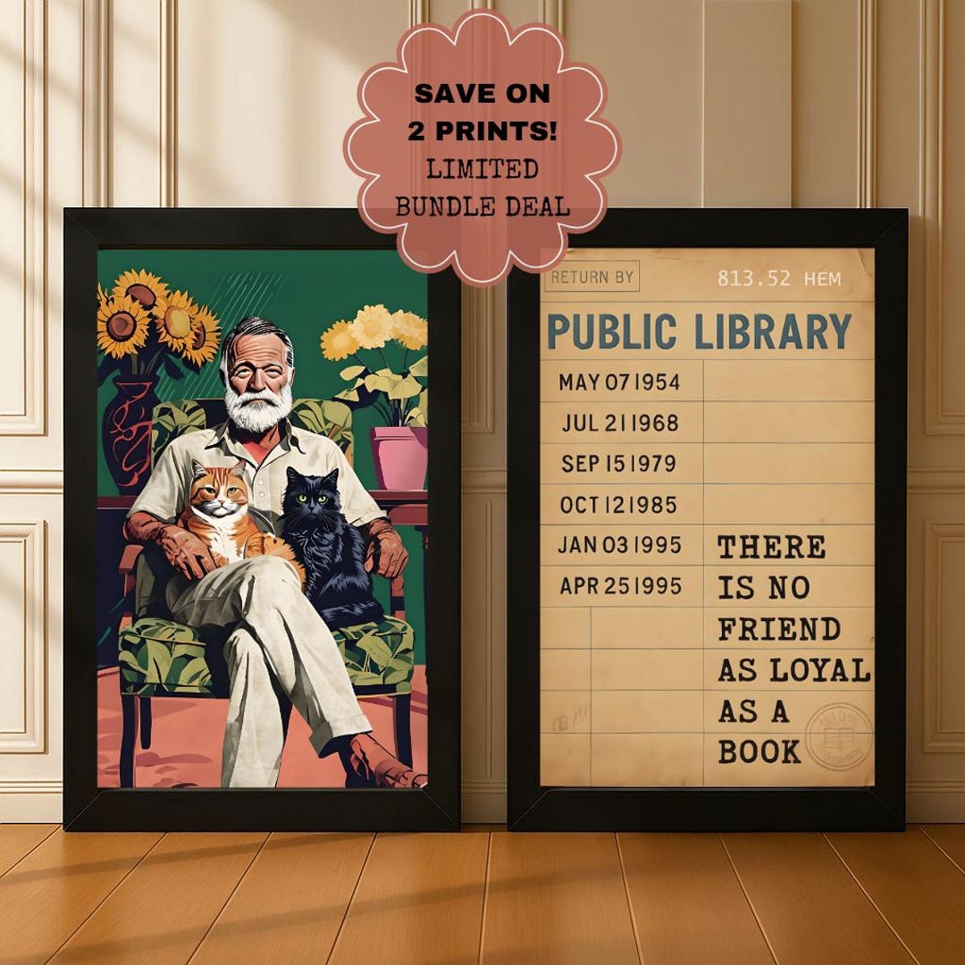 Hemingway Wall Art Bundle, Hemingway Cats Print, Vintage Library Quote ...