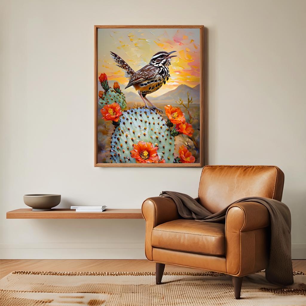 Cactus Wren Desert Art, Prickly Pear Cactus Bloom, Sonoran Desert Bird ...