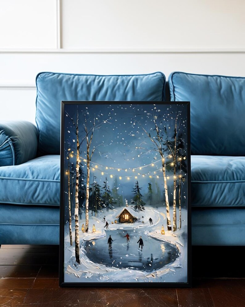 Cozy Winter Art - Ice Skating and Twinkle Lights Print, Vintage ...