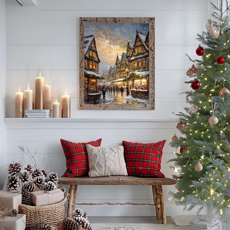 German Christmas Market Art Print, Cozy Golden Hour Winter Painting ...