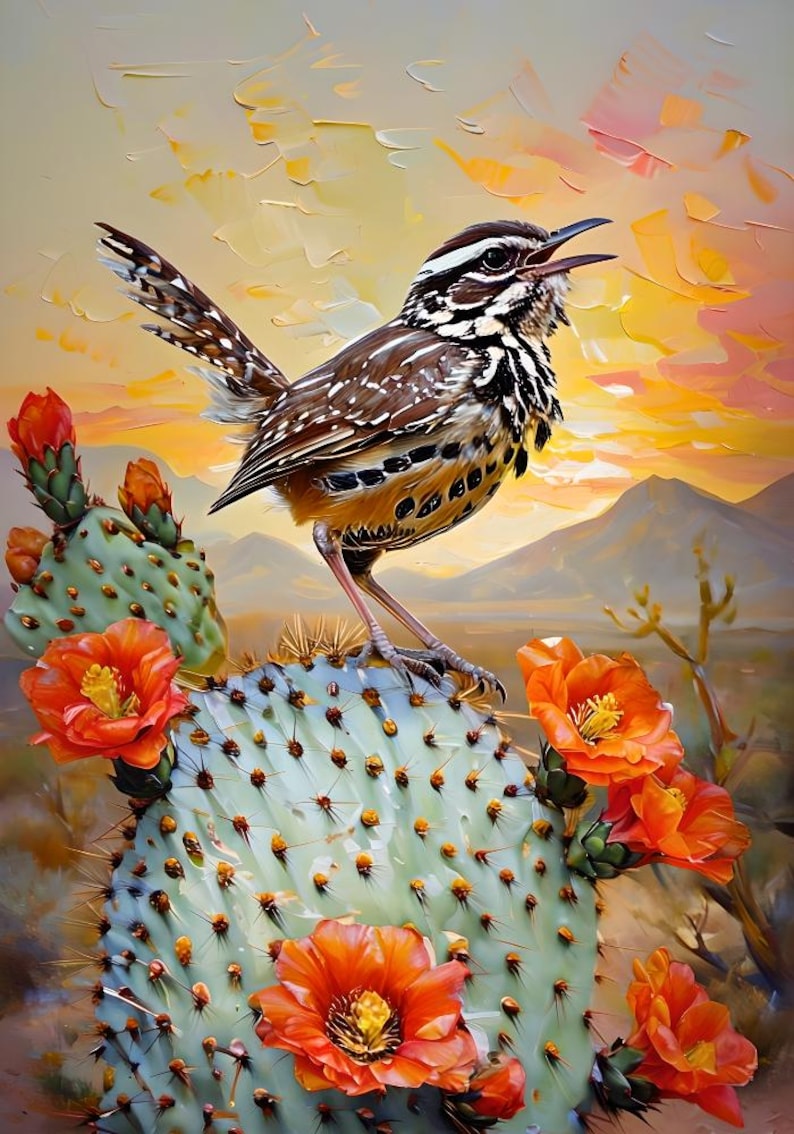 Cactus Wren Desert Art, Prickly Pear Cactus Bloom, Sonoran Desert Bird ...