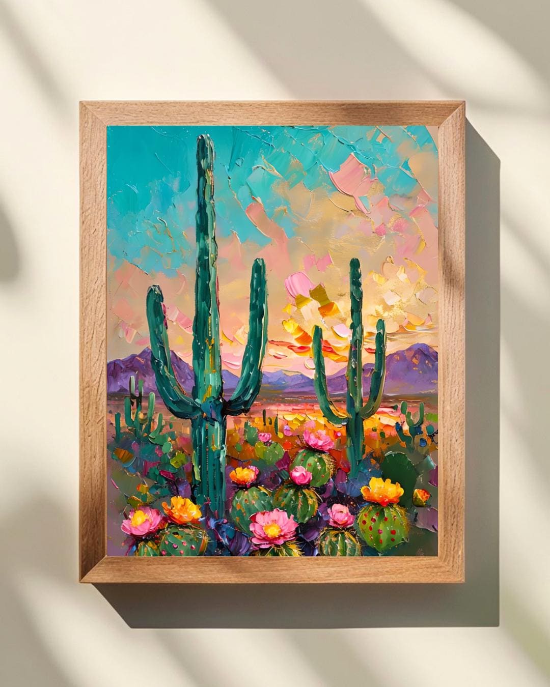 Flowering Cactus Wall Art, Saguaro Desert Scene, Arizona Sunset ...