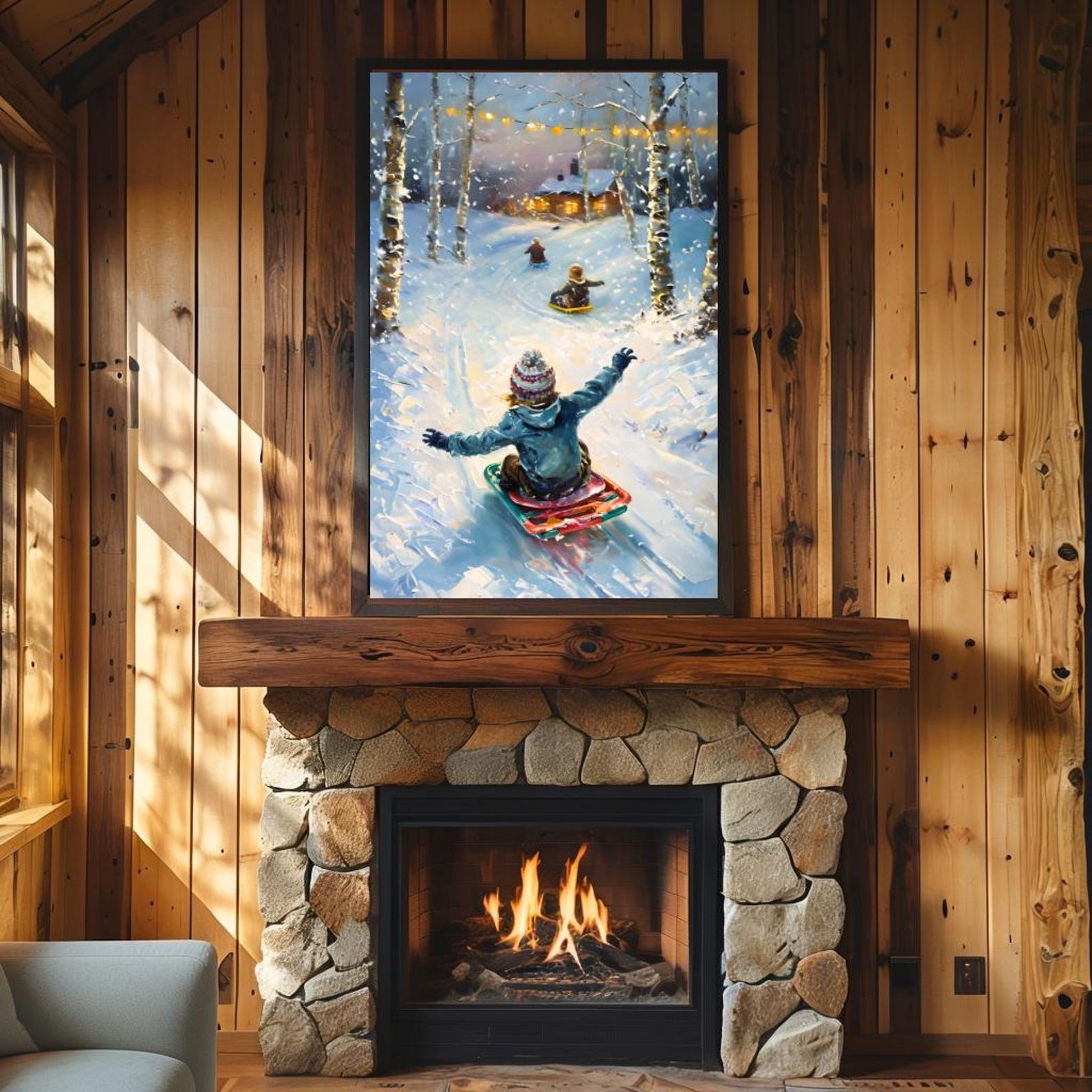 Cozy Winter Sledding Print, Nostalgic Snow Day Art, Children Sledding ...