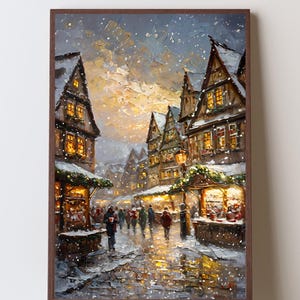 German Christmas Market Art Print, Cozy Golden Hour Winter Painting ...