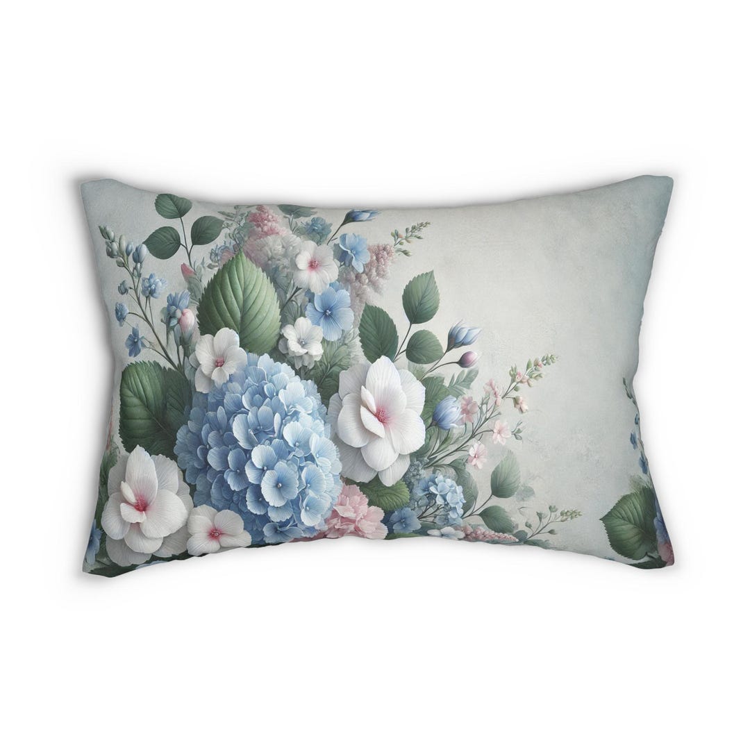 Everbloom Floral Lumbar Pillow - Hydrangea Decorative Cushion, Elegant ...
