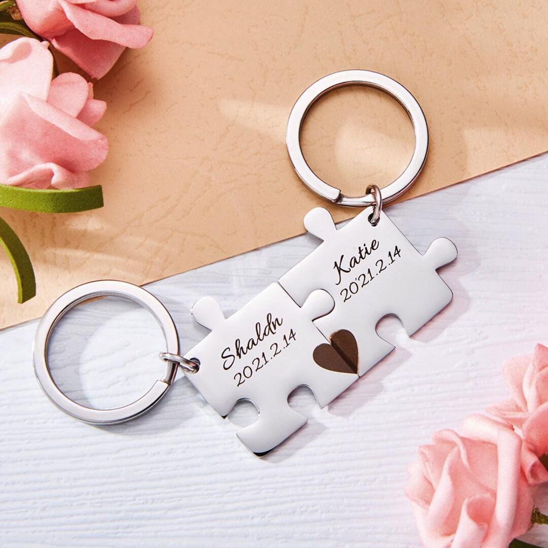 Personalized Puzzle Piece Keychain Set: Engraved Stainless Steel Couple ...