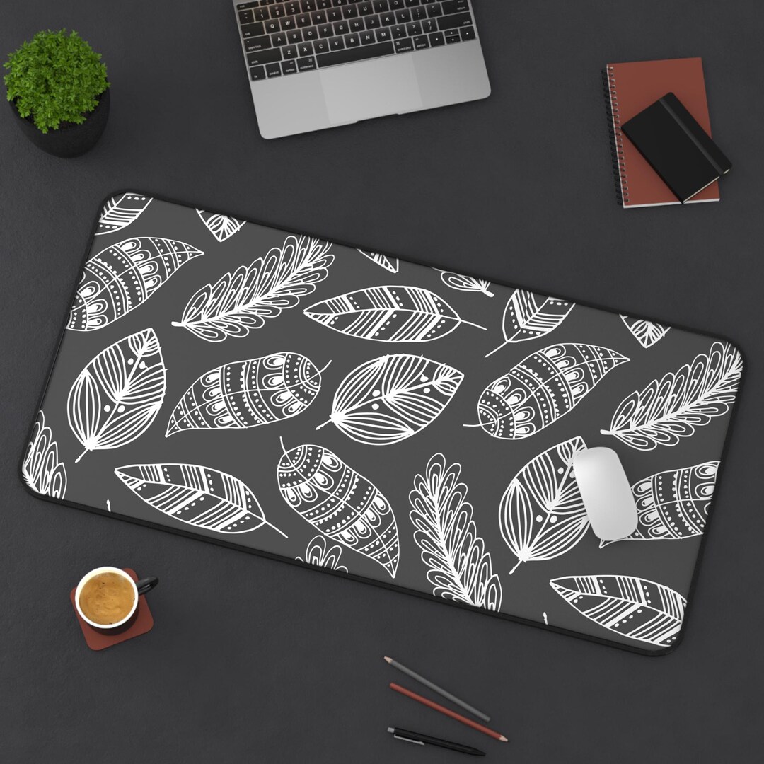 White Seamless Pattern of Abstract Doddle Leaves Desk Mat Aesthetic ...
