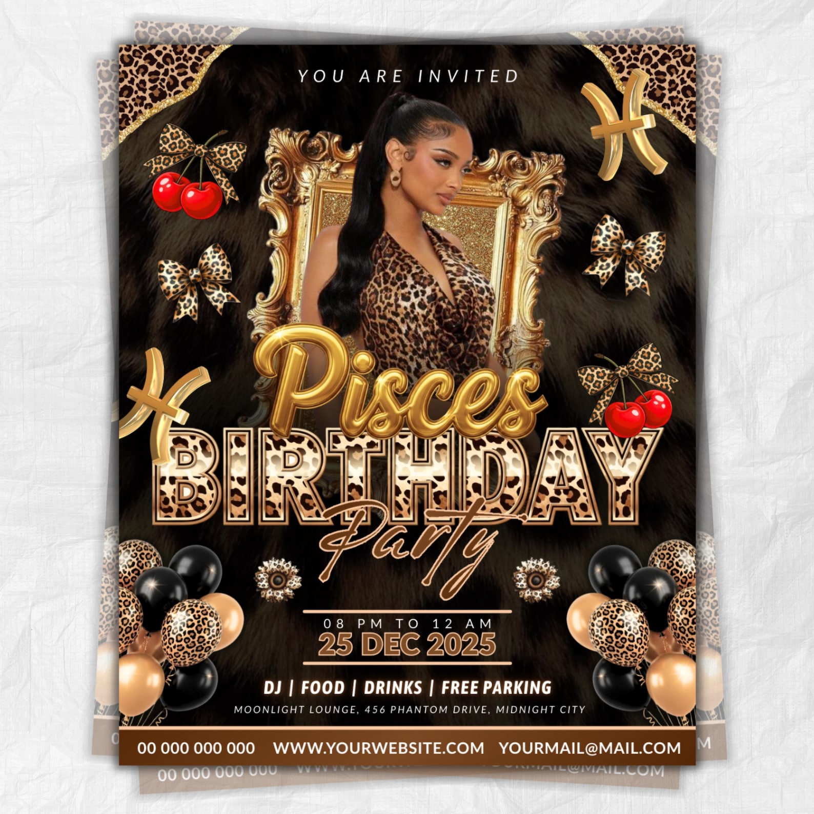 Cheetah Print Pisces Birthday Flyer for Her, Pisces Nightclub Birthday ...