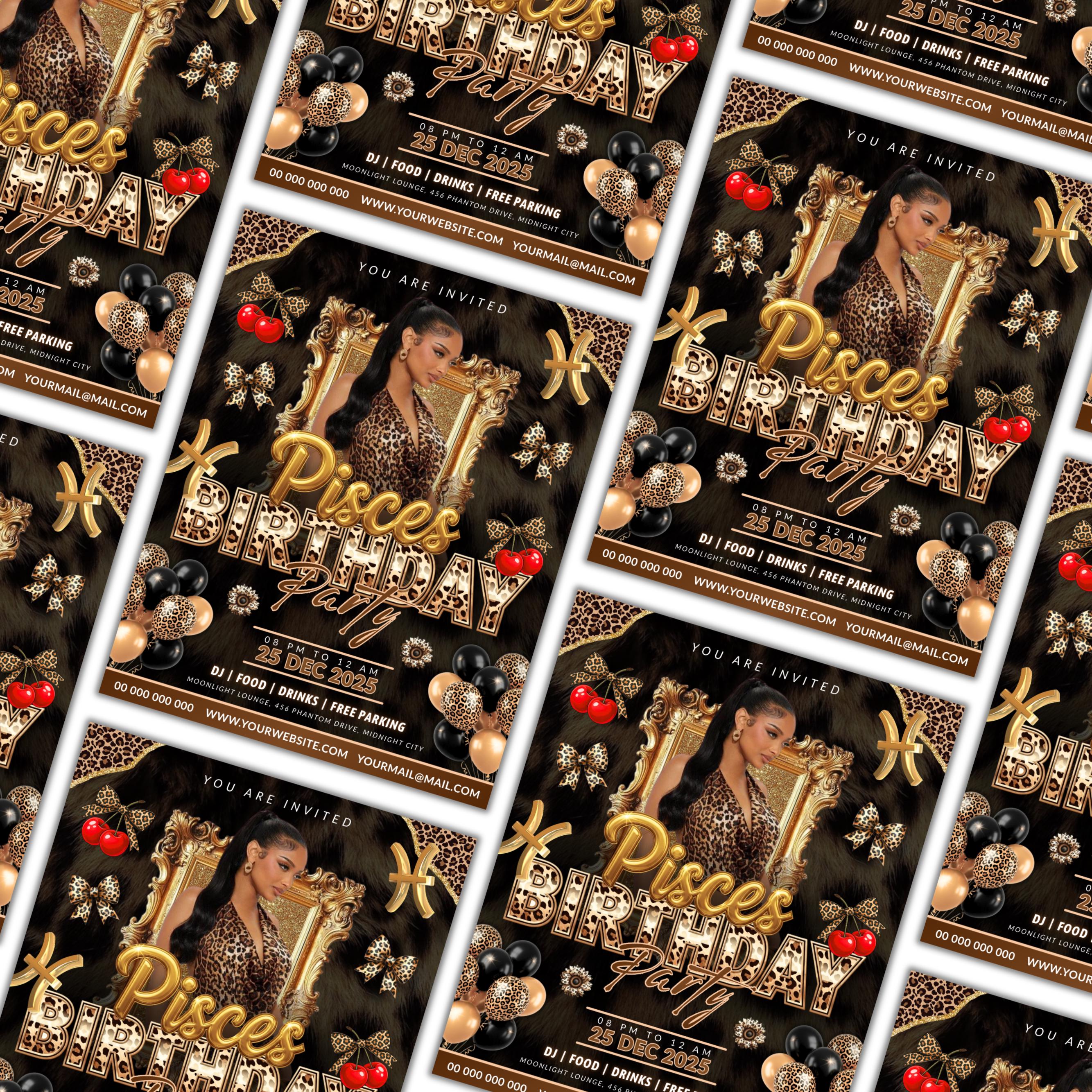 Cheetah Print Pisces Birthday Flyer for Her, Pisces Nightclub Birthday ...