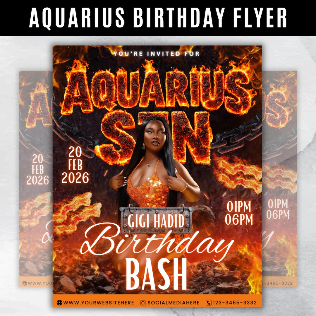 Aquarius Birthday Flyer for Her, Aquarius Fire Theme Birthday Flyer ...