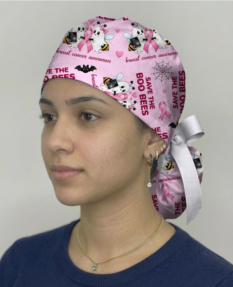 Breast Cancer Awareness Scrub Cap, Save the Boo Bees Nurse Scrub Hat ...