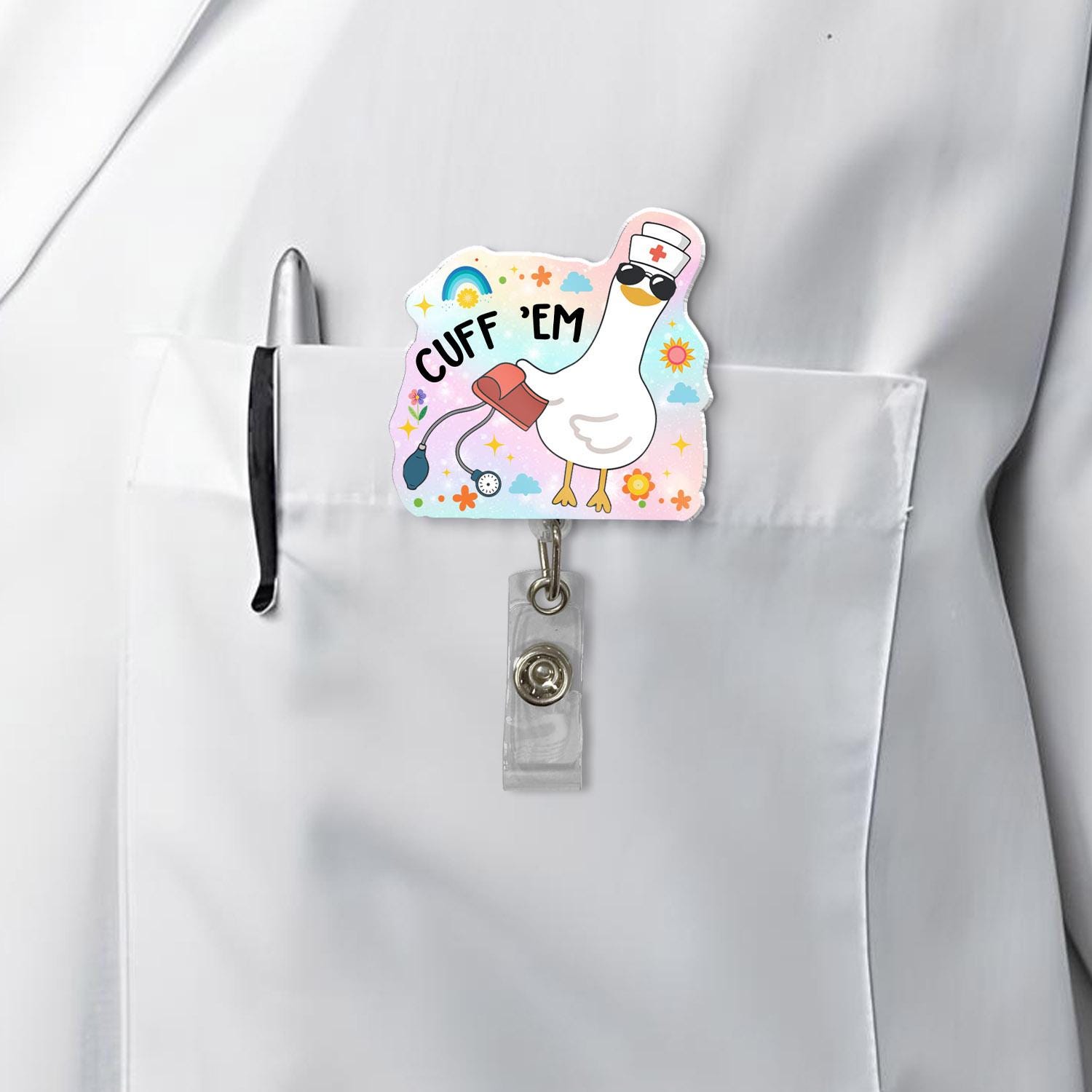 Cuff ’em Goose Badge Reel, Funny Nurse Badge, Pastel Goose BP Cuff Rn ...