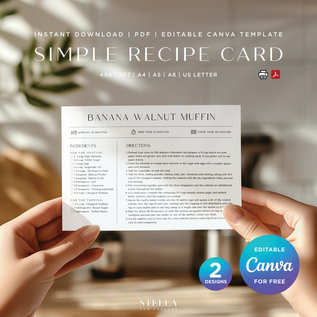 Simple Recipe Card, Canva Template, Digital Editable Family Recipe ...