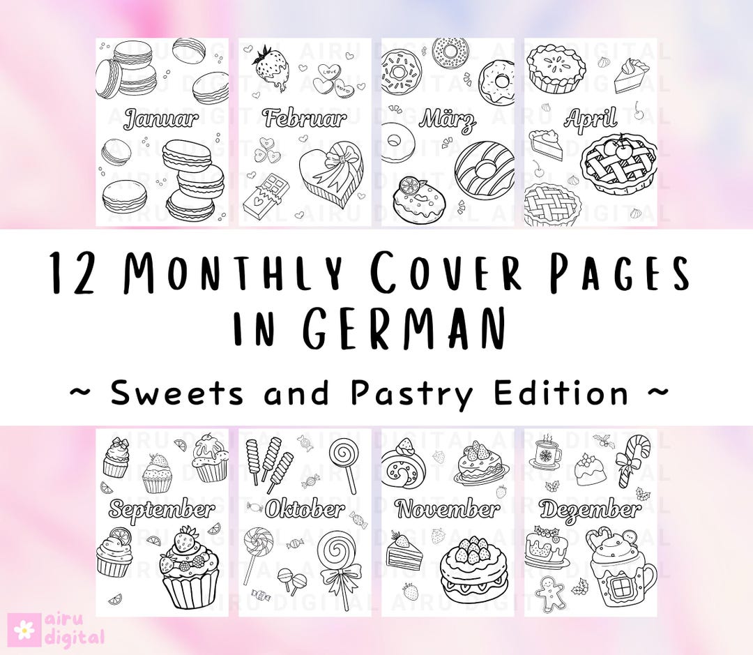 12 Month Title Cover Coloring Pages in German, A4 US Letter, Bullet ...