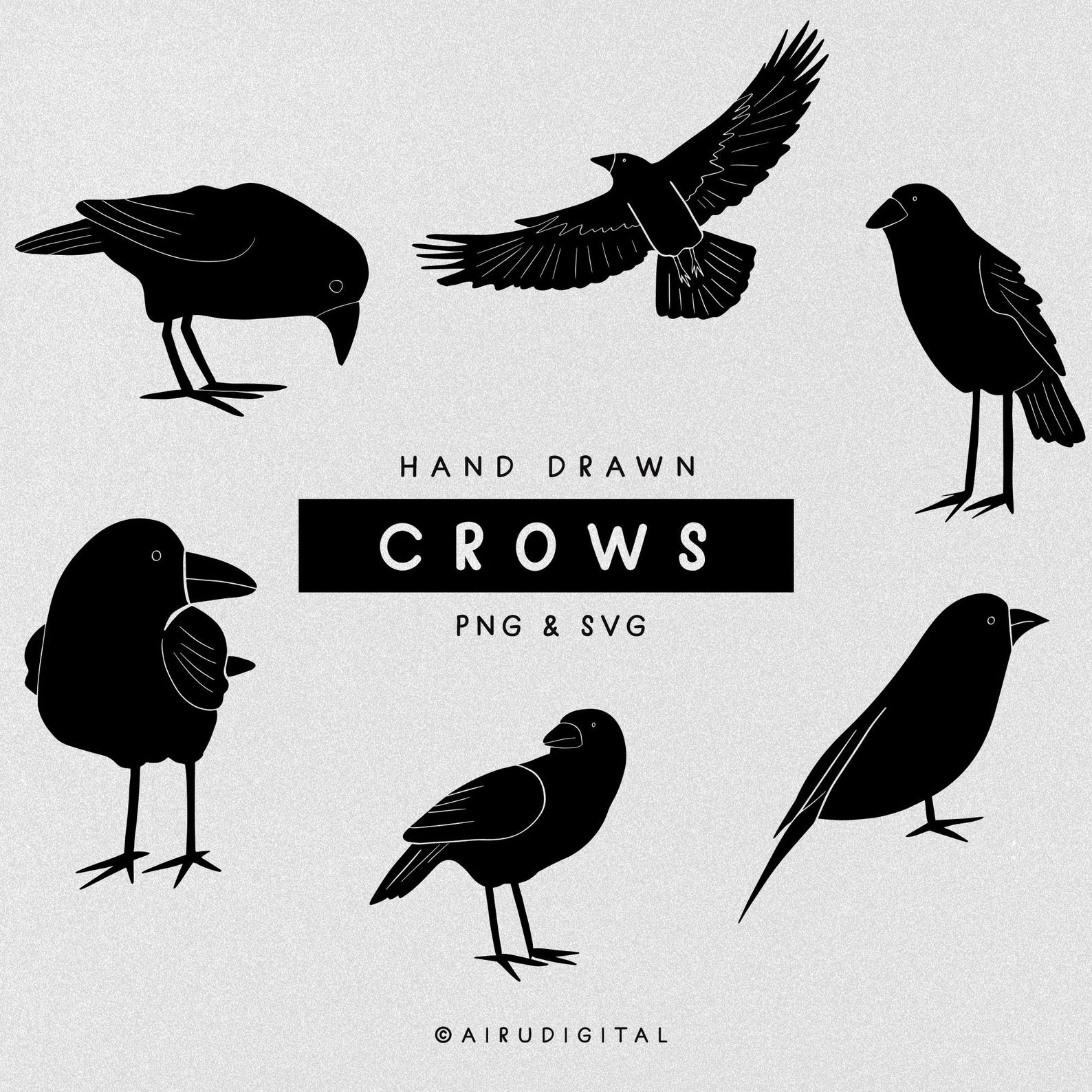 Hand Drawn Halloween Crows, PNG SVG Handdrawn, Icon Doodle, Spooky ...