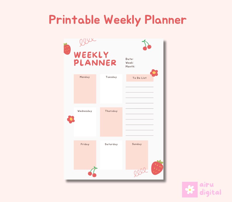 Weekly Planner Printable, Instant Download, Cute Strawberry and Cherry ...