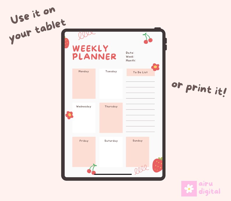 Weekly Planner Printable, Instant Download, Cute Strawberry and Cherry ...