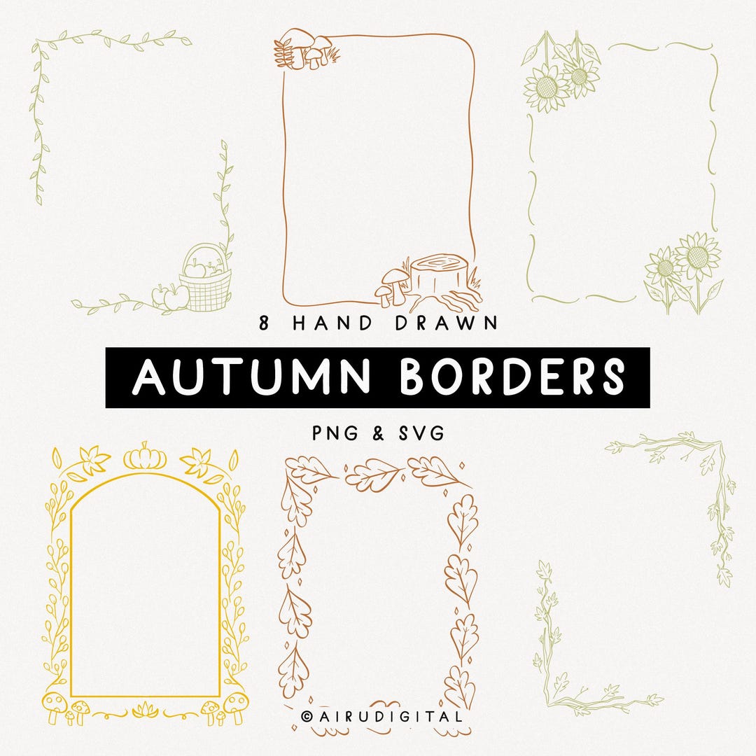 Hand Drawn Whimsical Autumn Borders in PNG & SVG | Thanksgiving Frames ...
