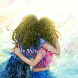 Two Sisters Art Print, Two Girls Wall Art, Two Girls Hugging, Brunettes ...