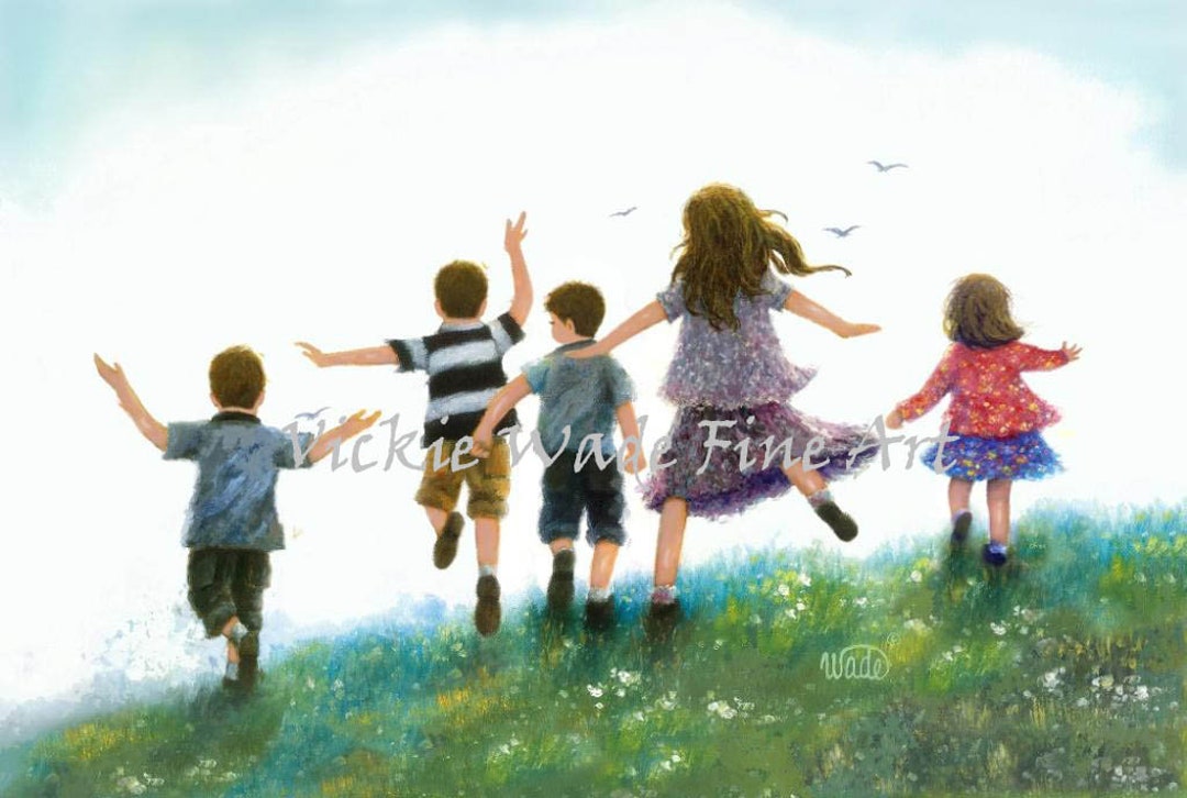 Five Children Leaping Art Print, Five Kids Playing Outdoors, Two Girls ...