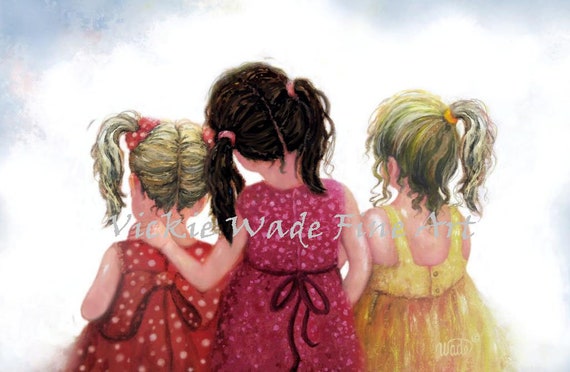 Three Sisters Art Print Three Girls' Art Brunette and - Etsy