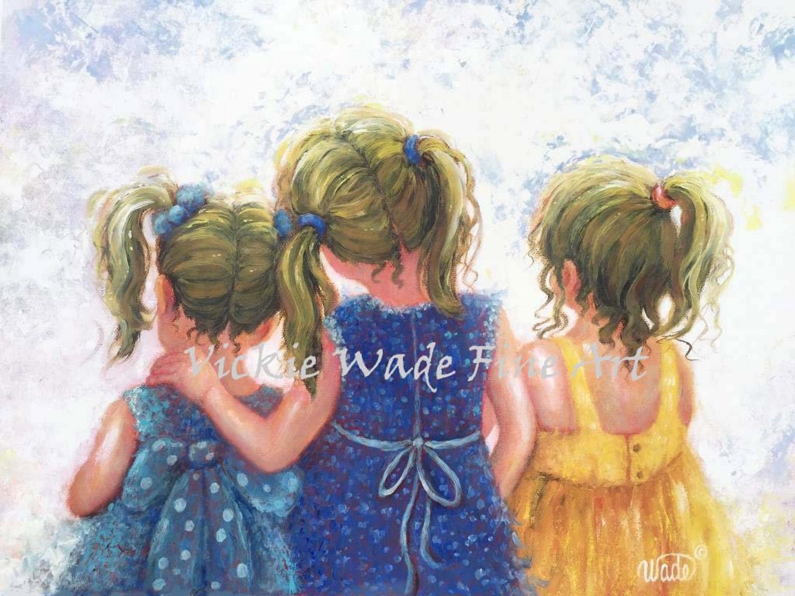 Three Sisters Black Hair Art Print Three Girls Sister Blue | Etsy