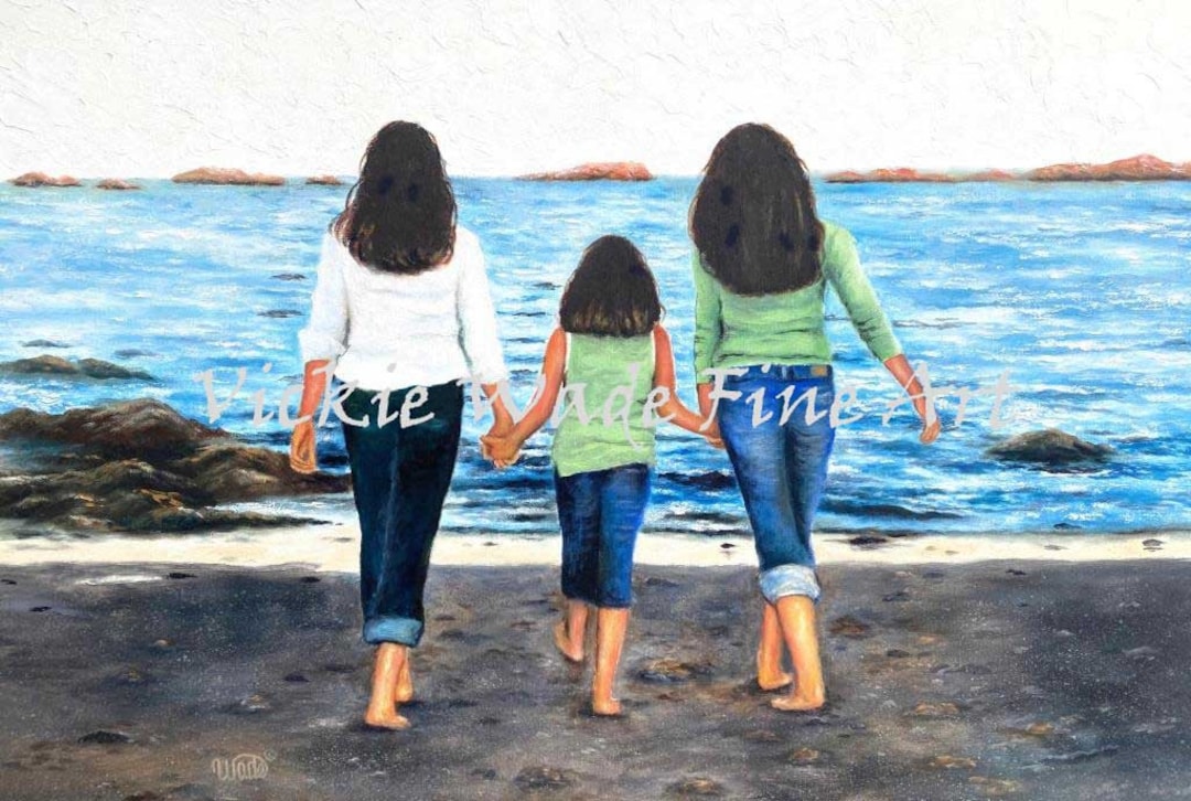 Three Sisters Beach Art Print, Three Girls Art, Brunette Teen Girls ...