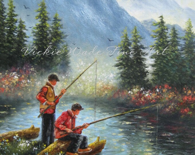 Two Brothers Fishing Original Oil Painting, Two Boys Fishing Painting ...