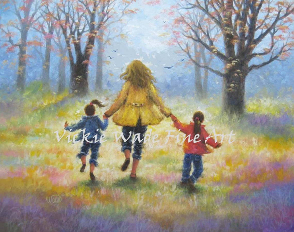 Mother Two Daughters Art Print Two Daughters Two Girls Mom - Etsy