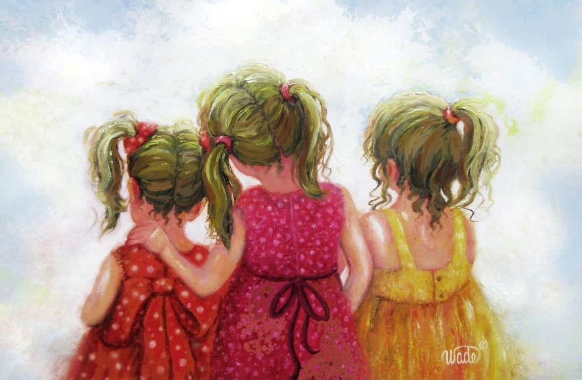 Three Sisters Art Print Three Girls Art Brunette Girls Wall | Etsy