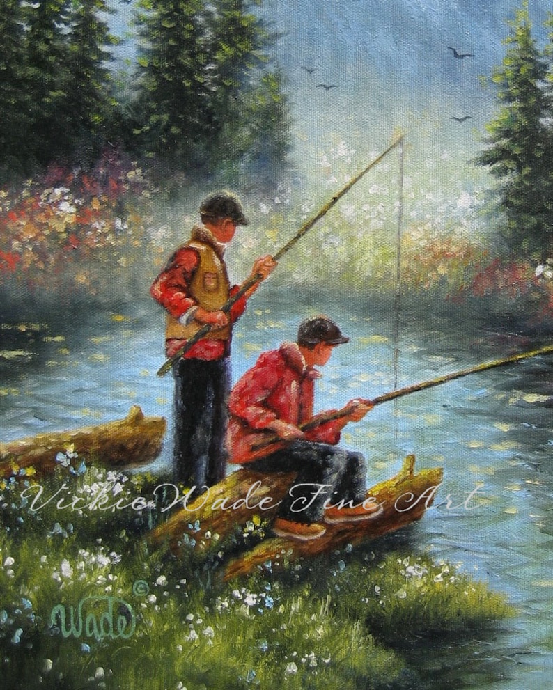 Two Brothers Fishing Art Print Alpine Lake Two Boys Fishing | Etsy