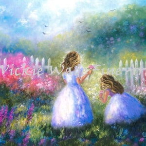 Two Sisters Flower Garden Art Print Garden Girls, Two Daughters White ...