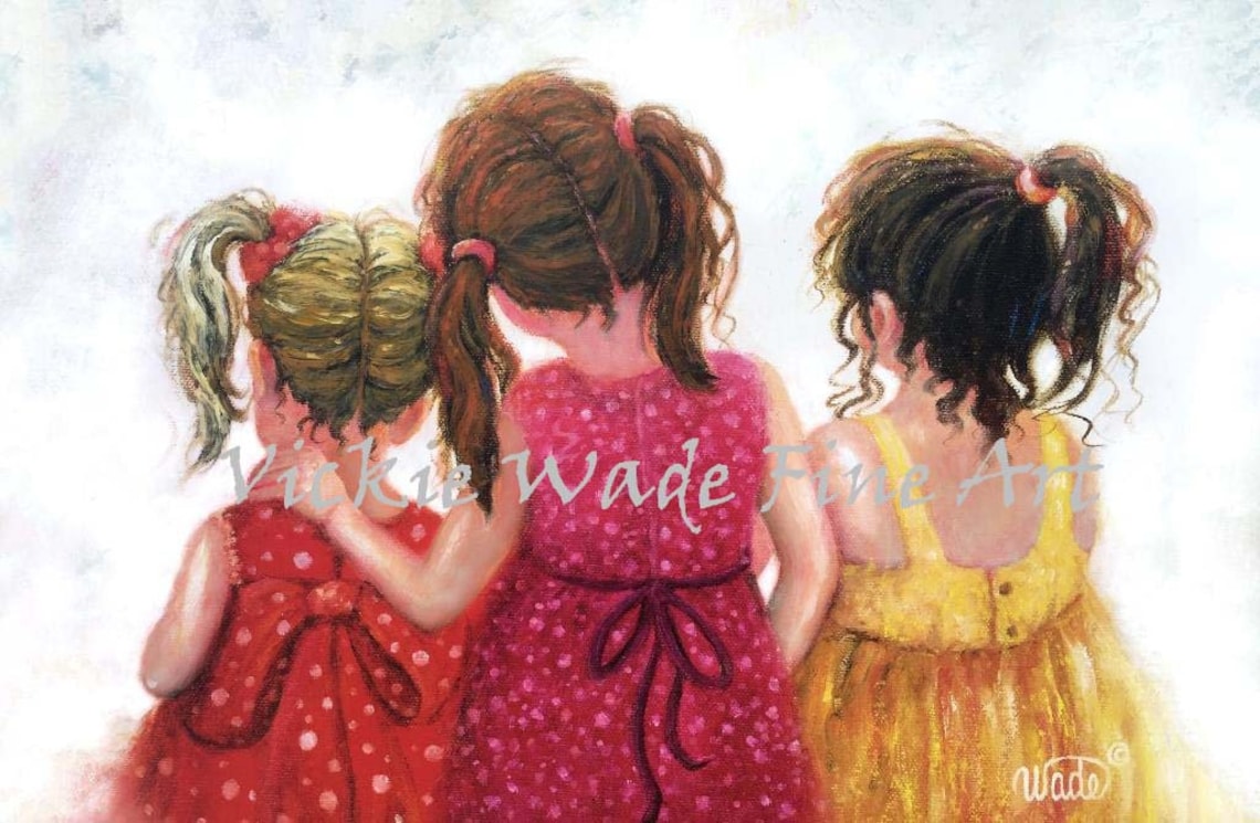 Three Sisters Art Print Three Girls Art Brunette Girls Wall | Etsy
